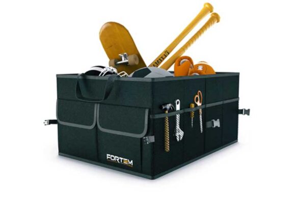 The Fortem folding car boot organizer stores large amounts of grocery bags