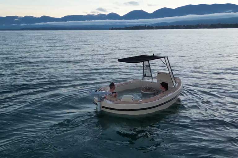 The Spacruzzi is a blend of hot tub and luxury electric boat