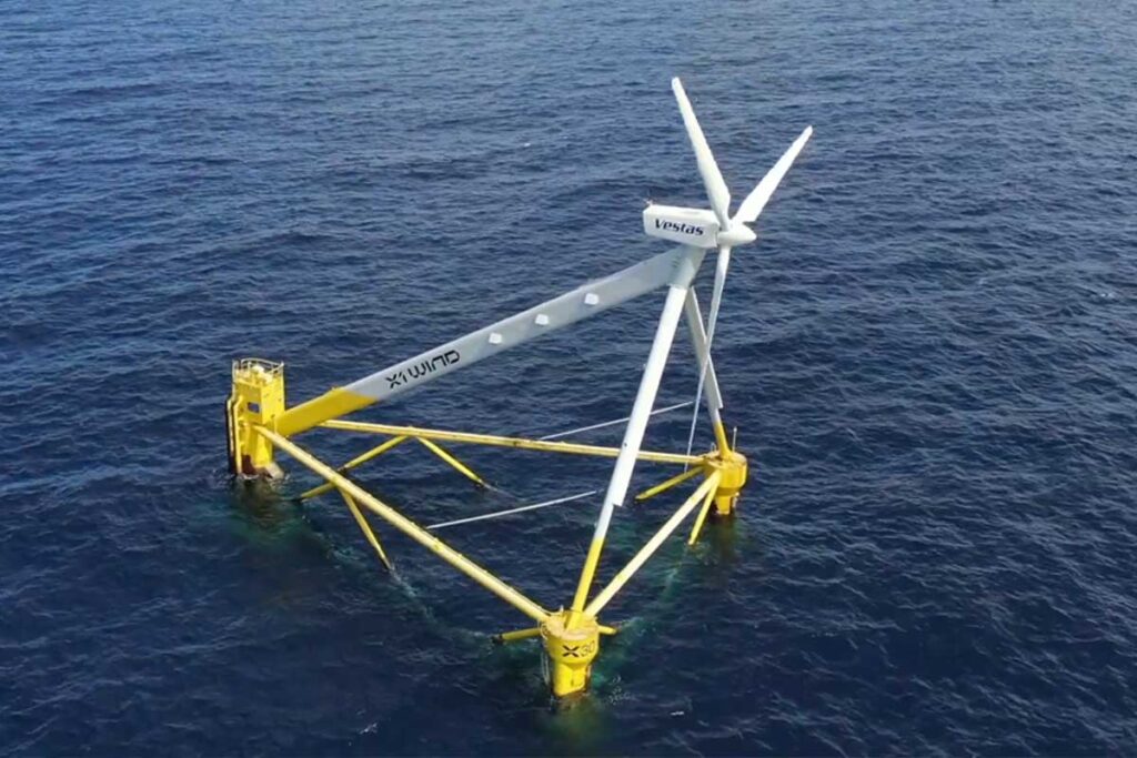The floating offshore wind turbine pivots with the wind, making it more ...
