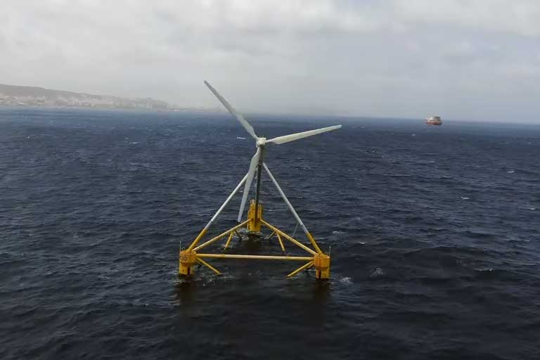 The floating offshore wind turbine pivots with the wind, making it more ...